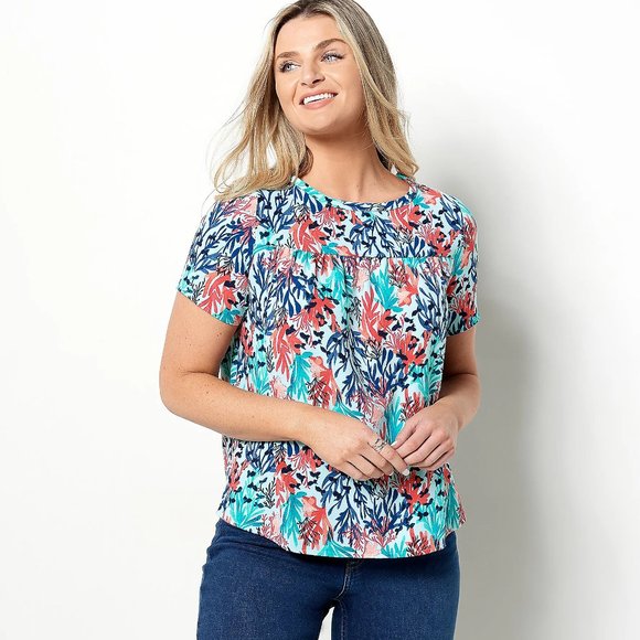 Denim&Co | Tops | Denim Co Printed Boatneck Woven Top With Shirring Sky ...